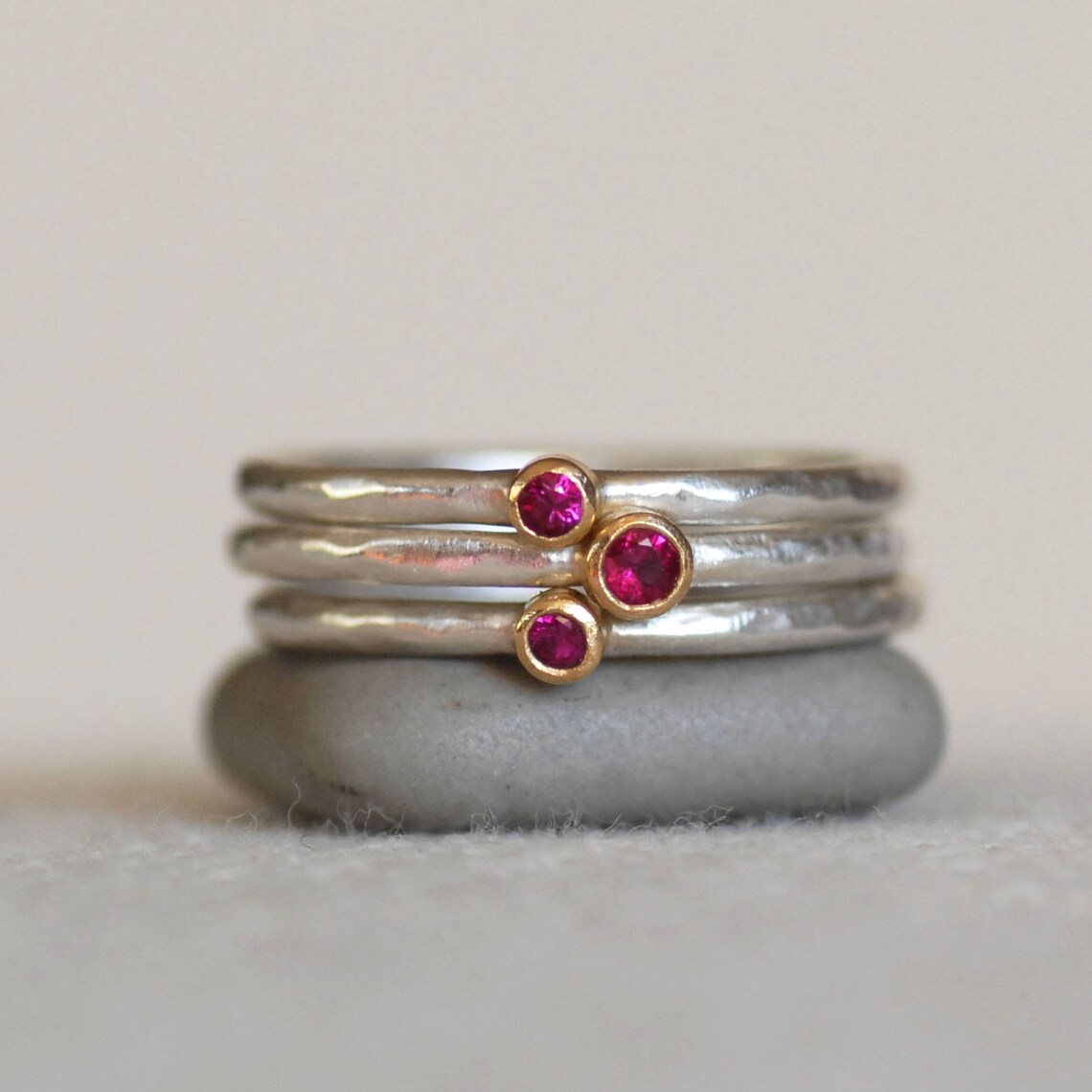 Tiny Ruby Ring Set SOLID 18k Gold and Silver Stack Rings Set - Etsy