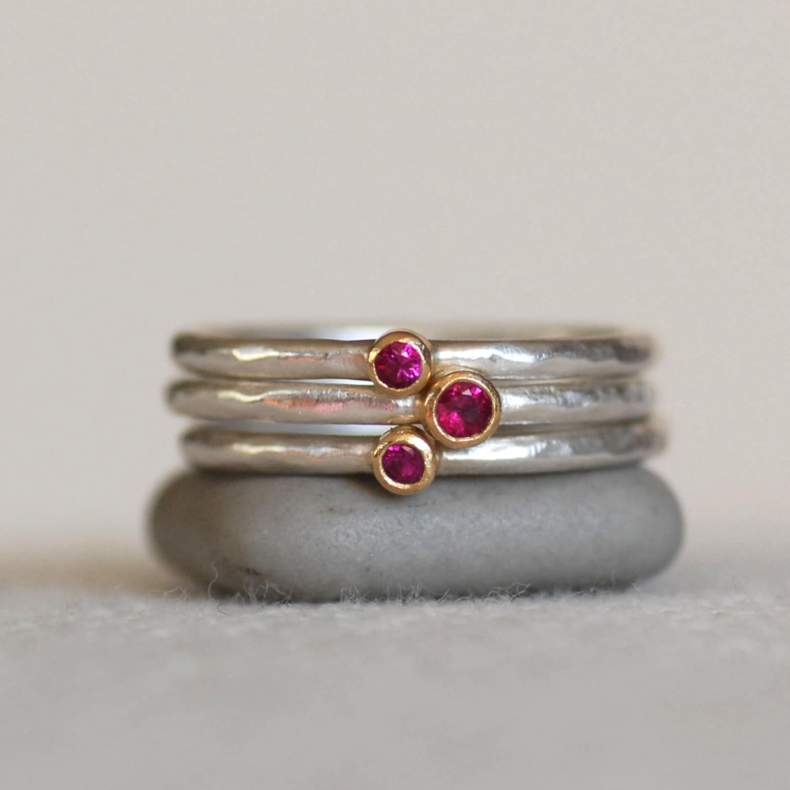 Tiny Ruby Ring Set SOLID 18k Gold and Silver Stack Rings Set - Etsy