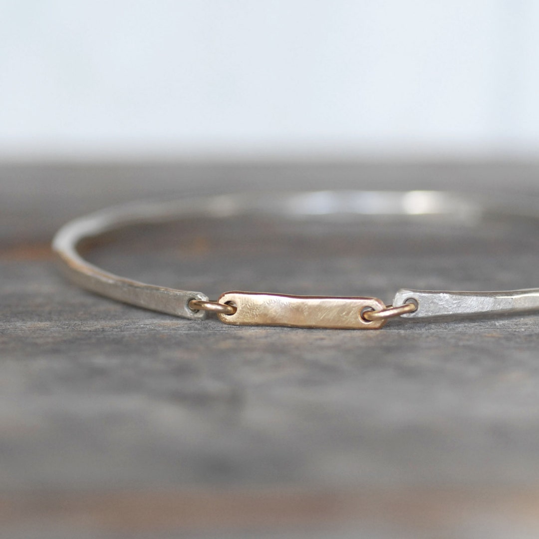 14k Gold Bar Sterling Silver Bangle, Solid Gold Gold Link Bar Bangle ...