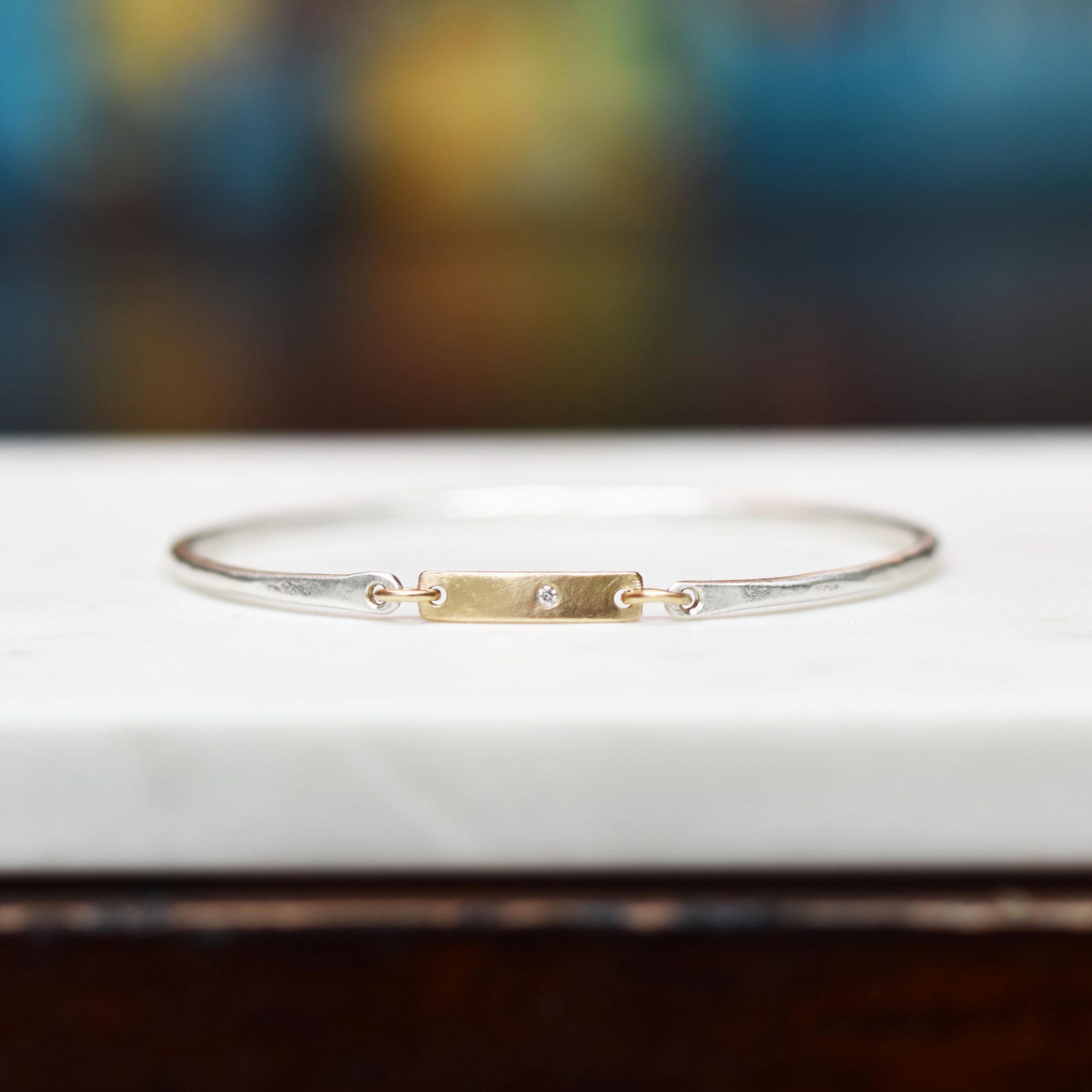 Diamond Bar Bangle: Sterling Silver & 14k Gold Minimalist Bracelet - Etsy