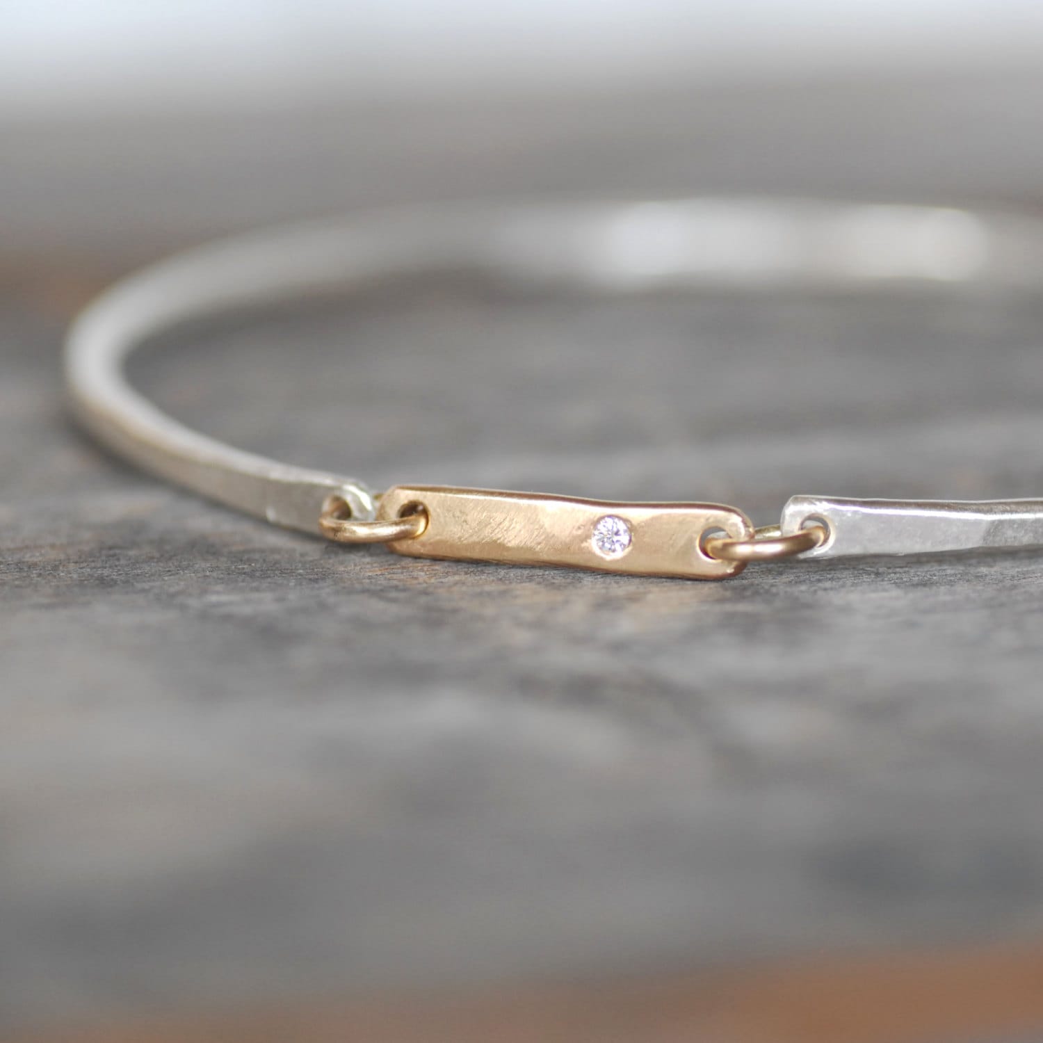 Diamond Bar Bangle, Sterling Silver & 14k Gold Minimalist Bracelet ...