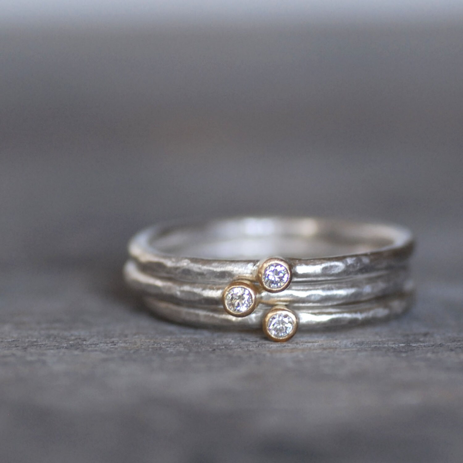 Tiny Diamond Ring Set SOLID 18k Gold and Silver Stack Rings - Etsy