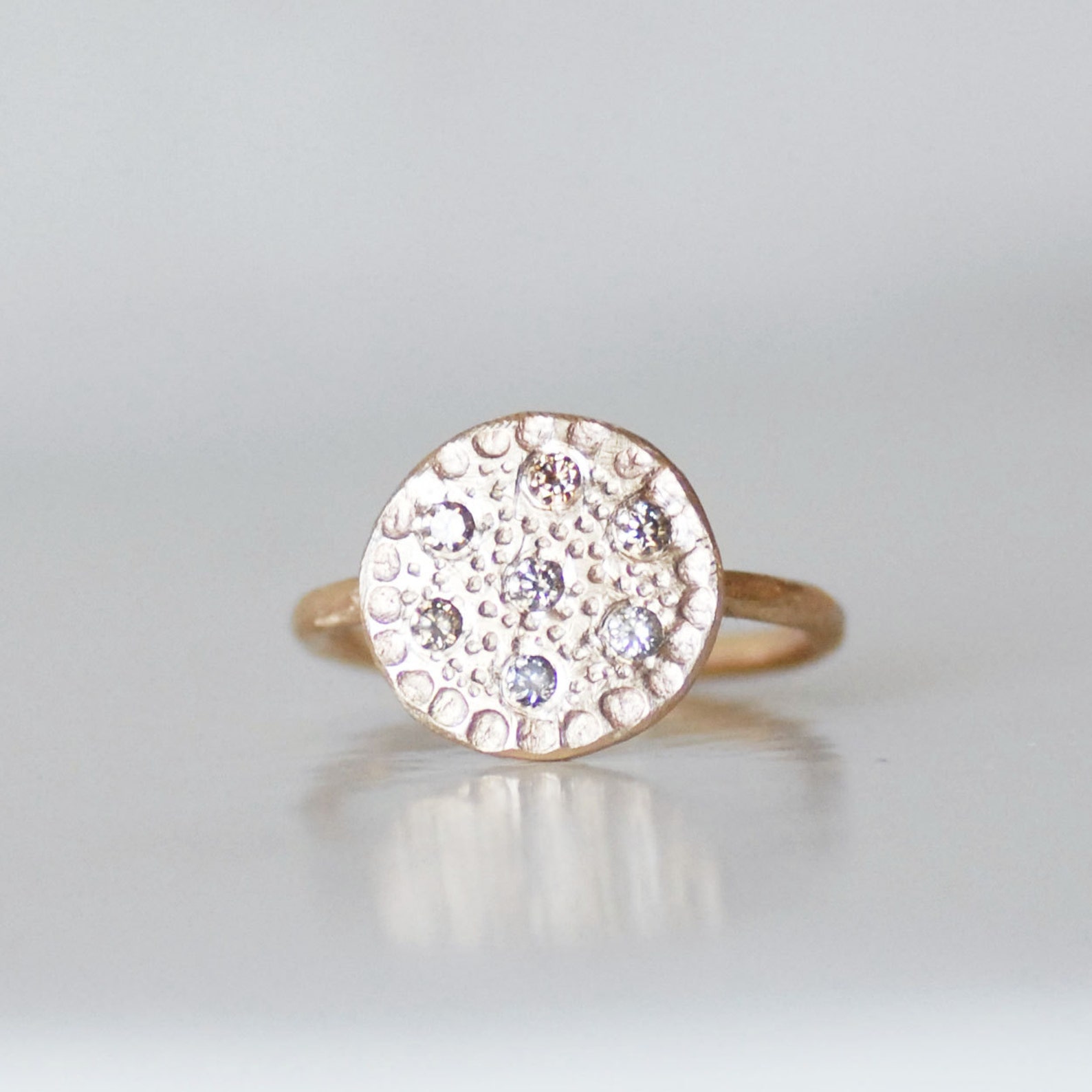 Solid 14k Gold Diamond Disc Ring Large Flower Center Ring - Etsy
