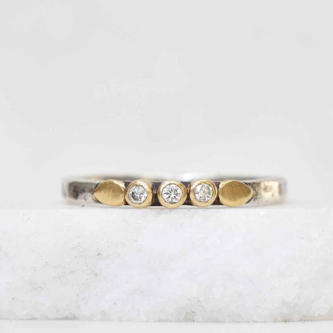 Tiny Petals Diamond Trio Ring in Sterling and 18k Gold, Skinny Diamond ...