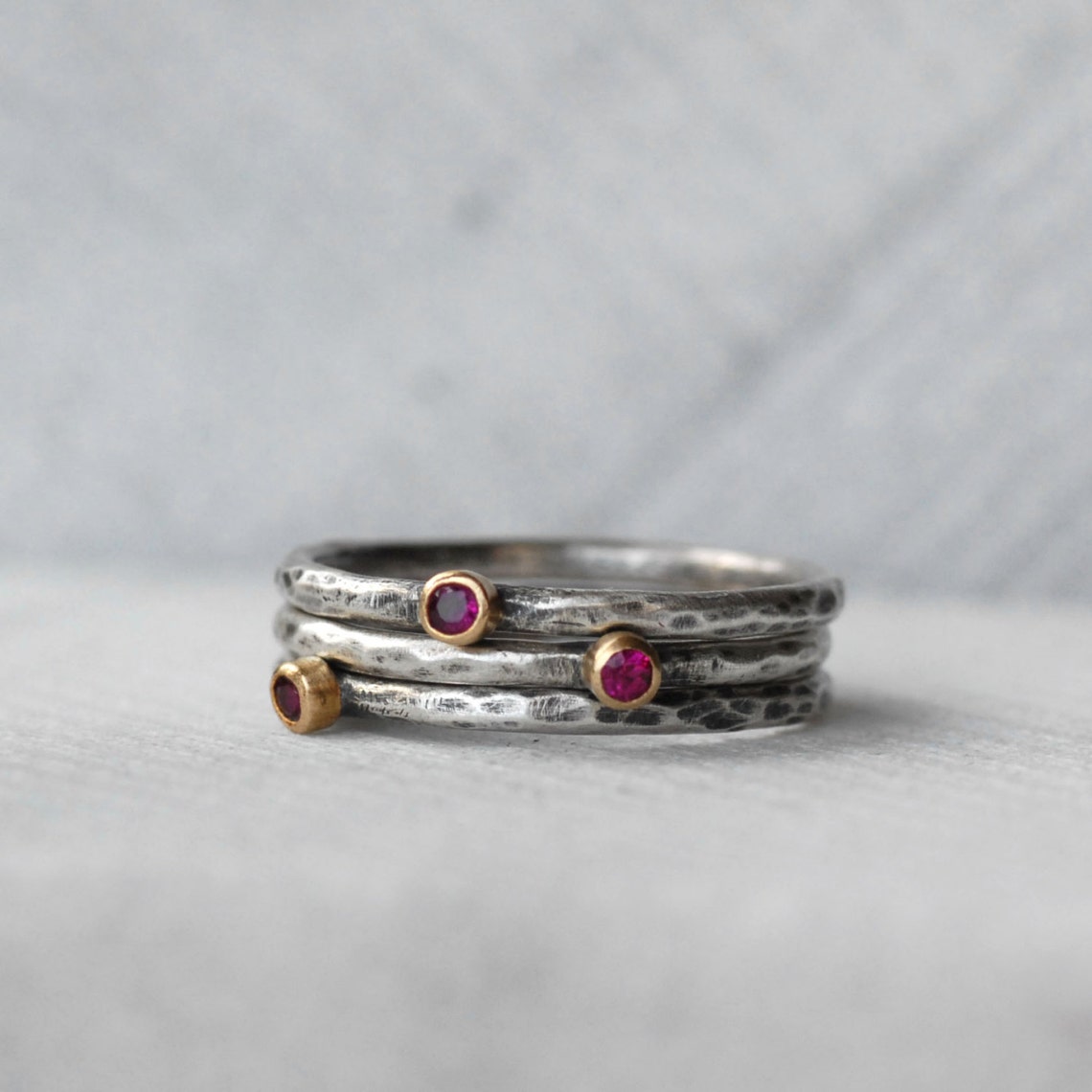 Tiny Ruby Ring Set SOLID 18k Gold and Silver Stack Rings Set - Etsy