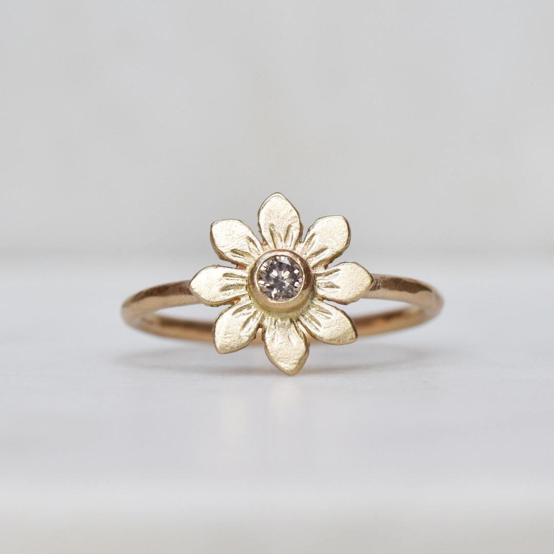 SOLID 14k Gold Flower Ring With Brown or White Diamond Center, Handmade ...