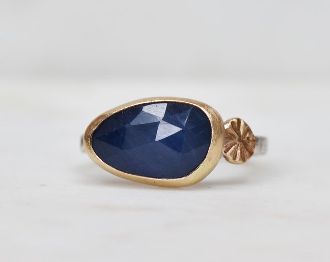 Denim Blue Sapphire Ring in Sterling Silver and 14k Gold, Rose Cut ...