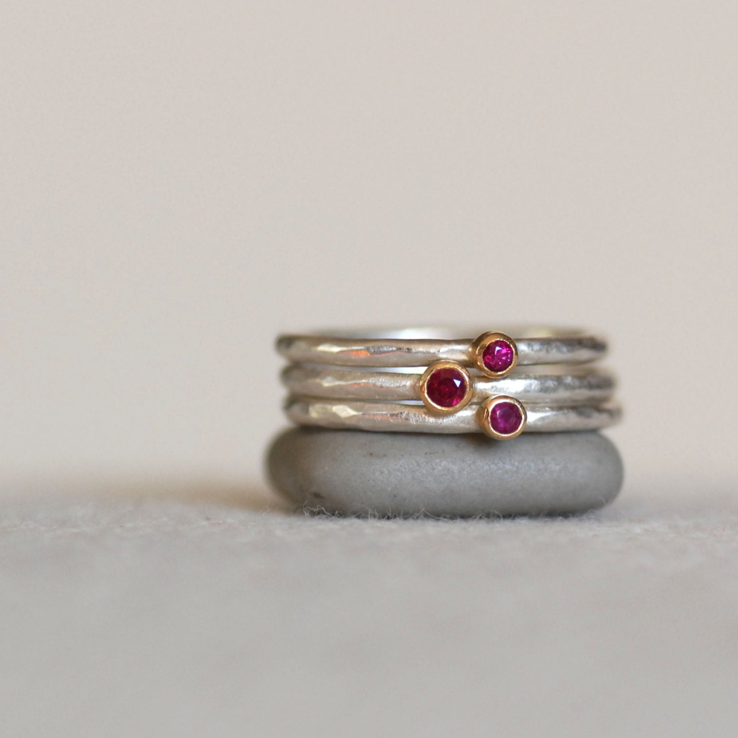 Tiny Ruby Ring Set SOLID 18k Gold and Silver Stack Rings Set - Etsy