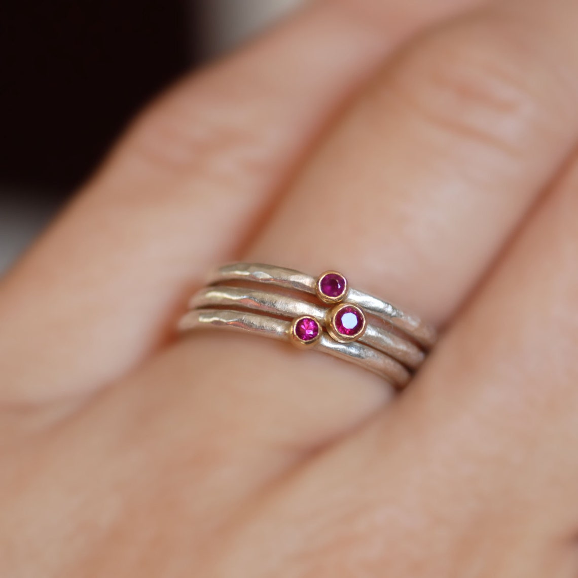 Tiny Ruby Ring Set SOLID 18k Gold and Silver Stack Rings Set - Etsy