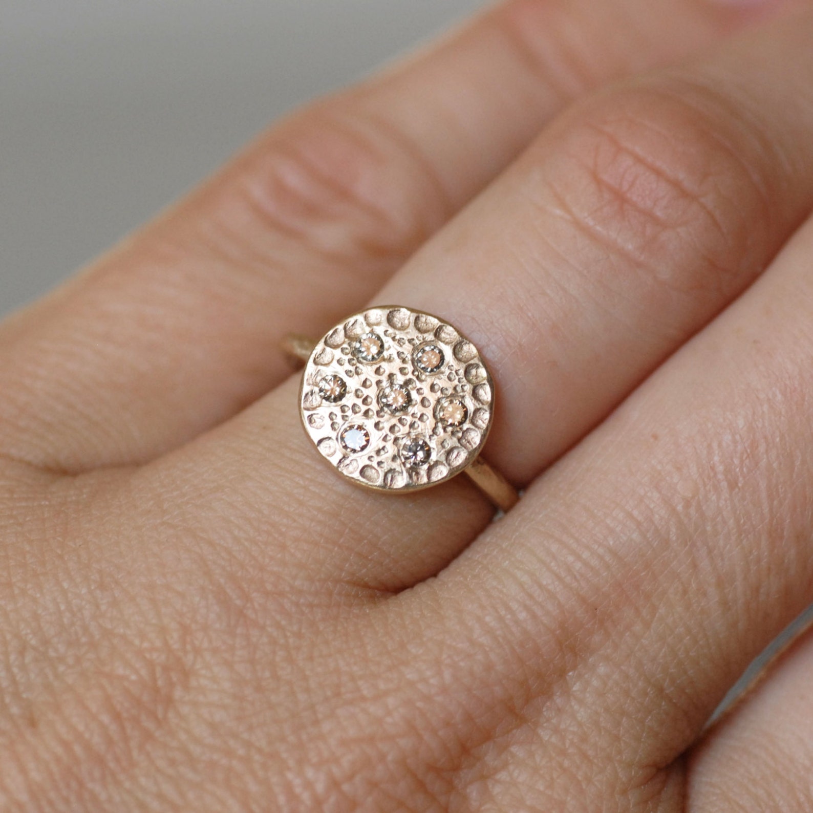 Solid 14k Gold Diamond Disc Ring Large Flower Center Ring - Etsy