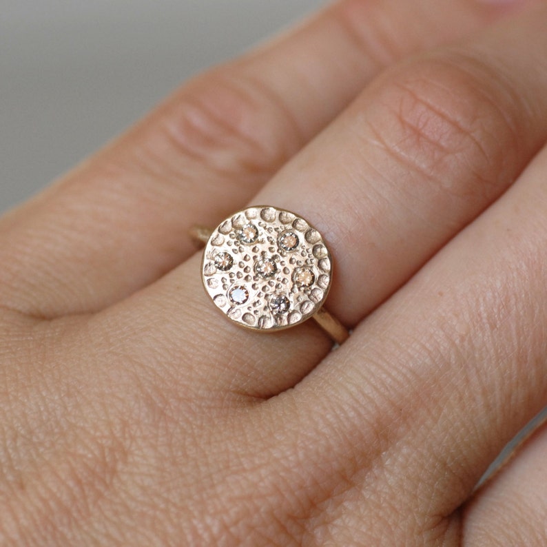 Solid 14k Gold Diamond Disc Ring Large Flower Center Ring - Etsy
