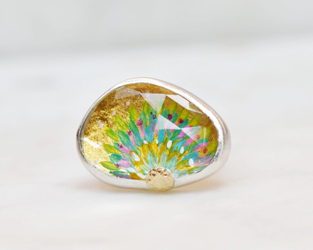 Hand Painted Flower Burst Ring on Genuine Gold Under Quartz, One of a ...