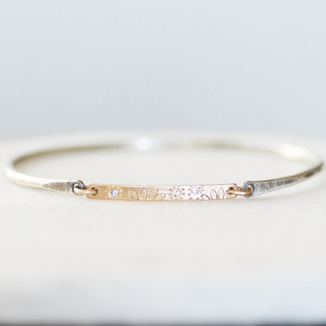 Diamond Bar Bangle, Handmade Wildflower Garden Sterling Silver 14k Gold ...