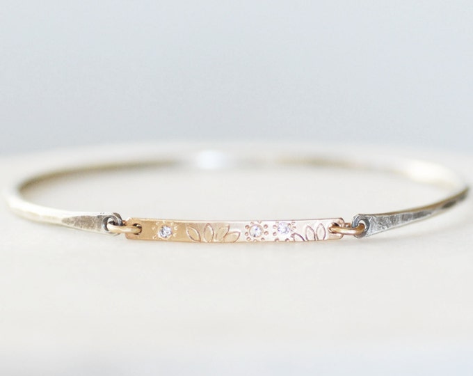 Diamond Bar Bangle, Sterling Silver 14k Gold Link Bangle, Solid Gold ...