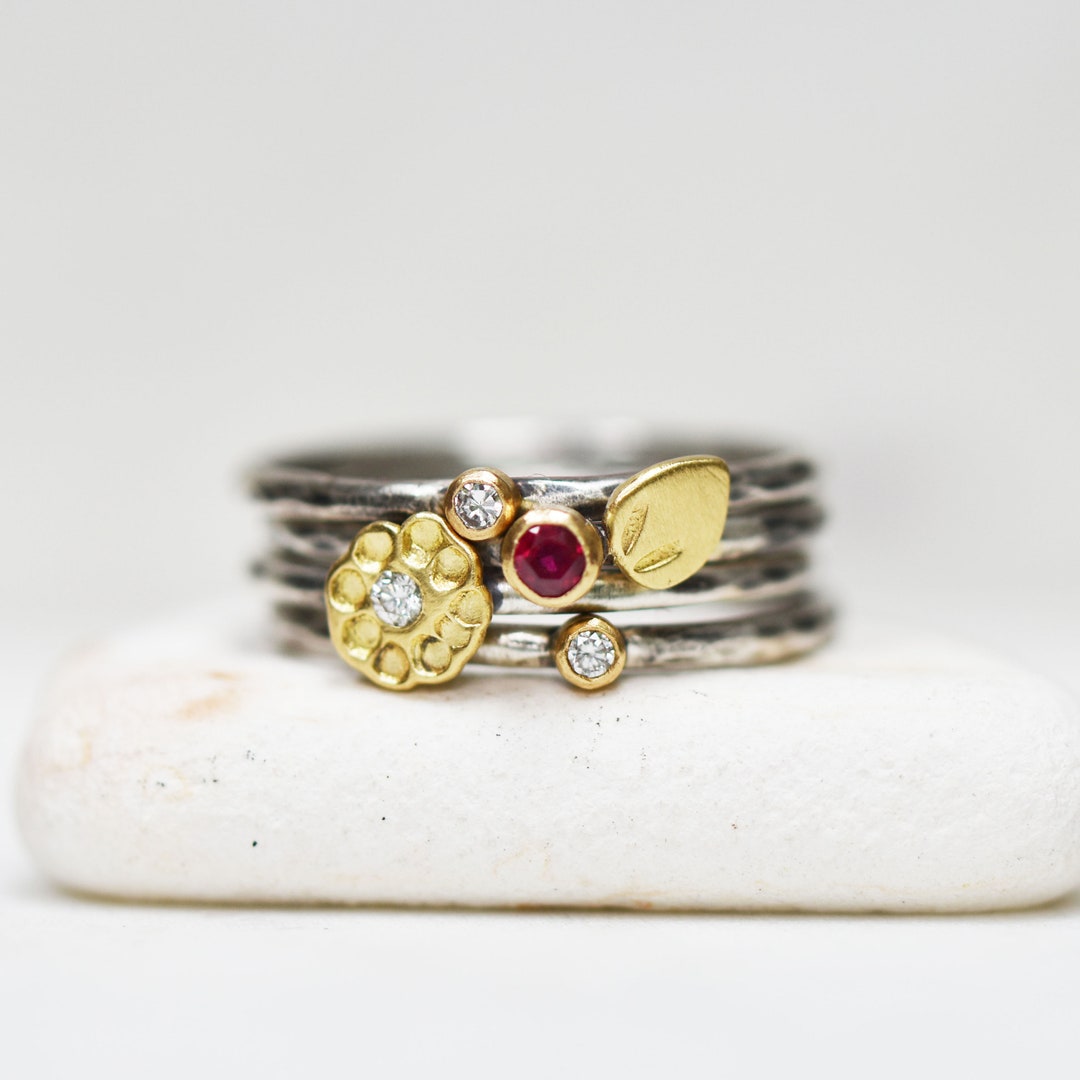 Ruby and Diamond Flower Stacking Rings, SOLID 18k Gold and Sterling ...