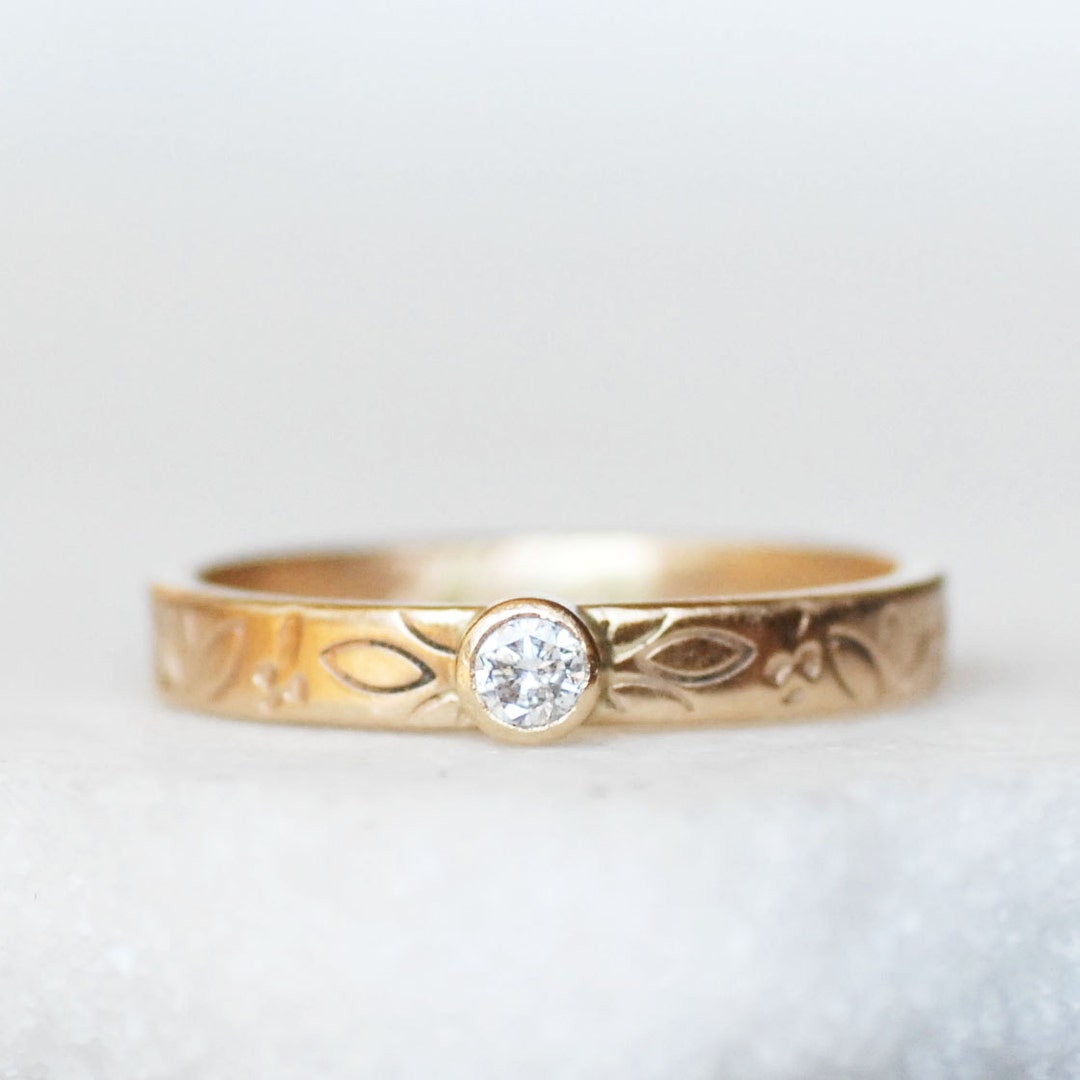 Diamond Patterned Wedding Band, 14k Gold Diamond Solitaire Ring, Floral ...