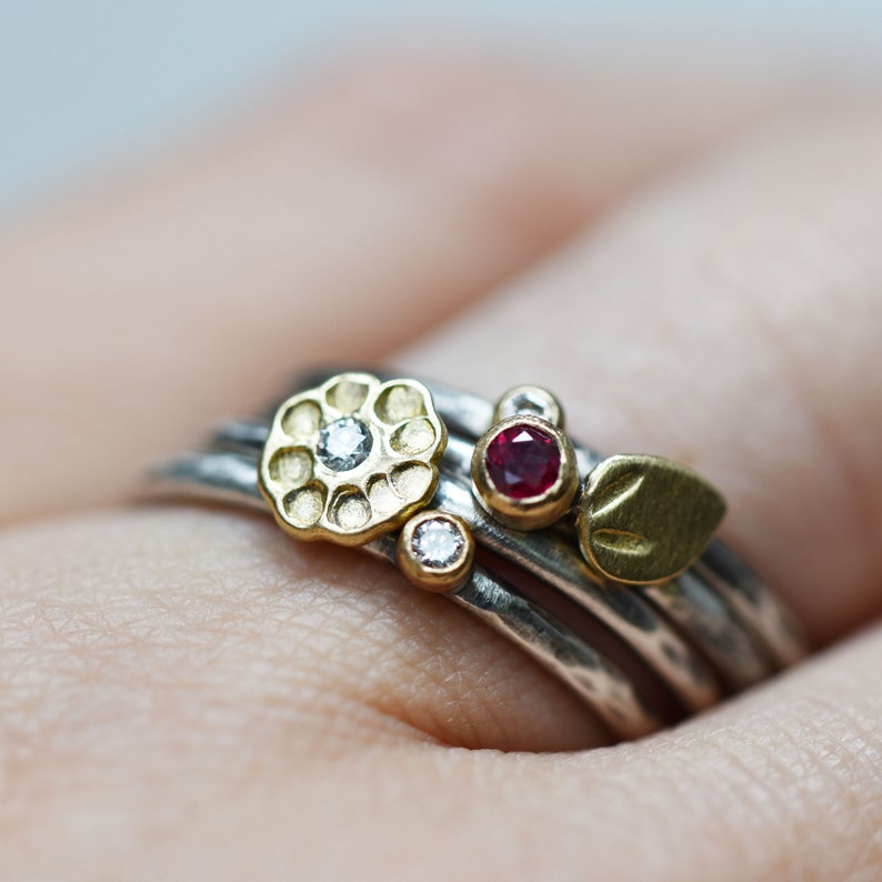 Ruby and Diamond Flower Stacking Rings SOLID 18k Gold and - Etsy