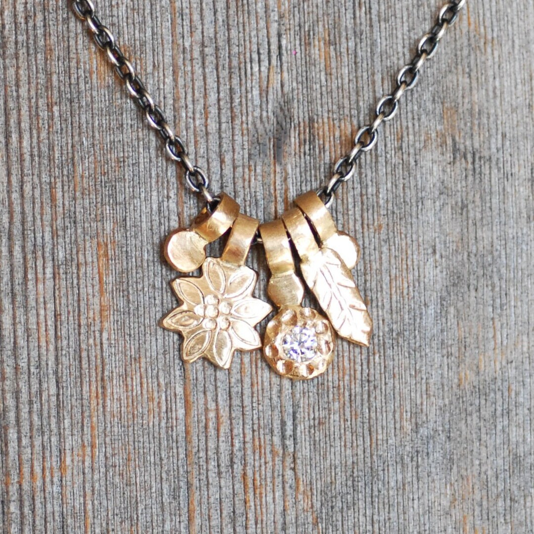 Diamond Flower Charm Necklace, SOLID 14k Gold and Sterling Silver ...