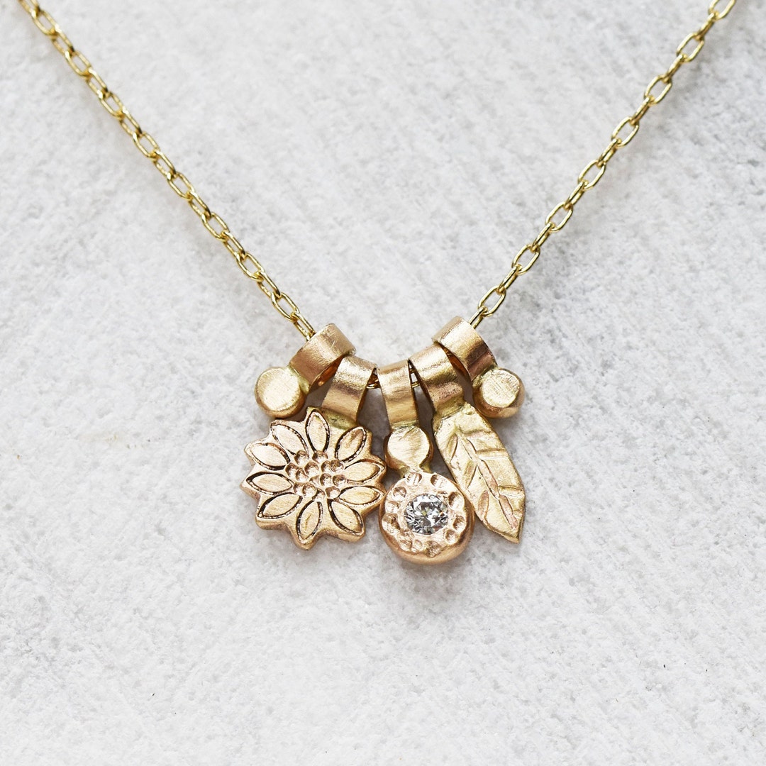 14k Gold Diamond Flower Charm Necklace: Handmade Floral Pendant - Etsy