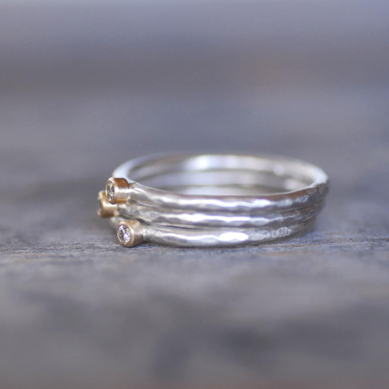Tiny Diamond Ring Set SOLID 18k Gold and Silver Stack Rings - Etsy