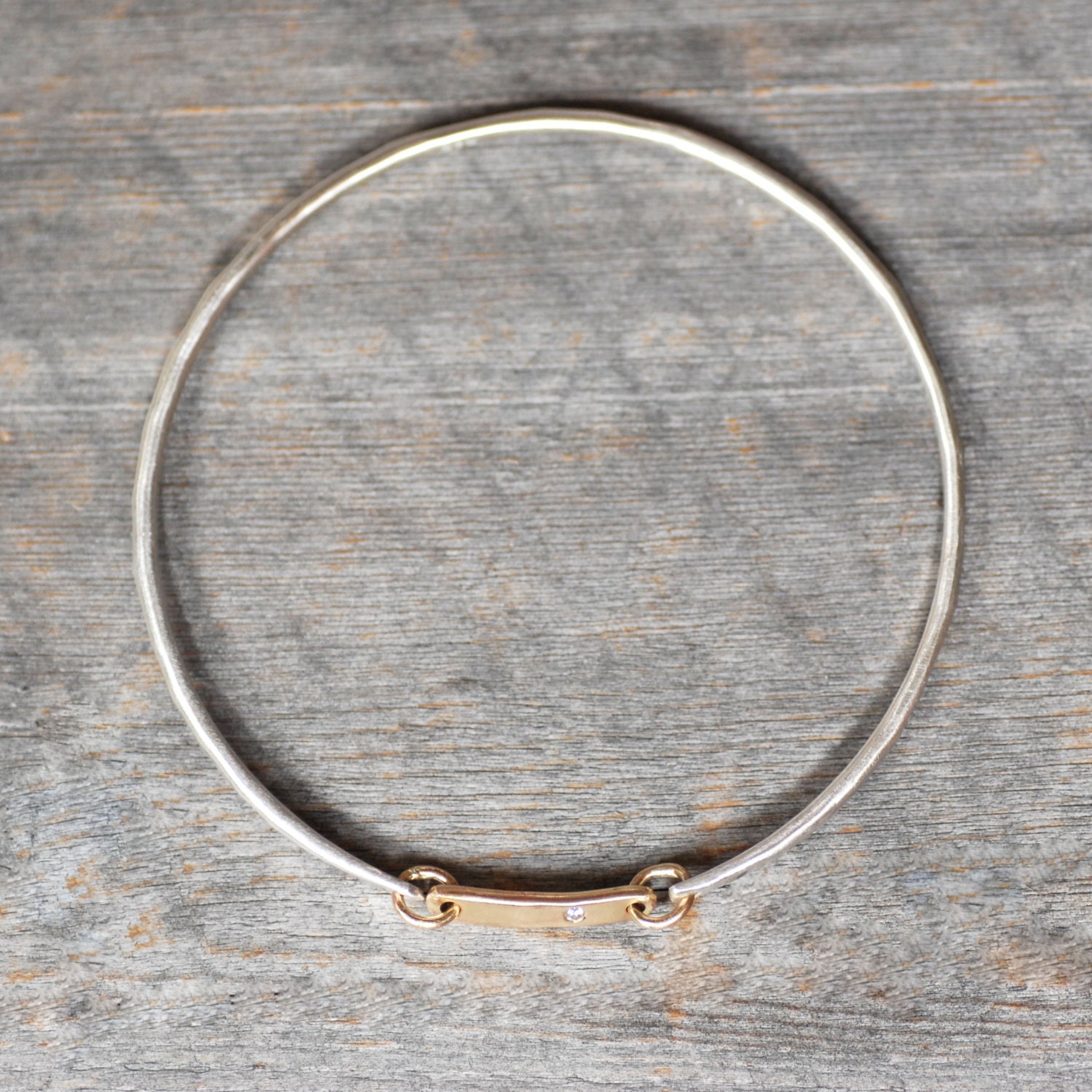 Diamond Bar Bangle, Sterling Silver & 14k Gold Minimalist Bracelet ...