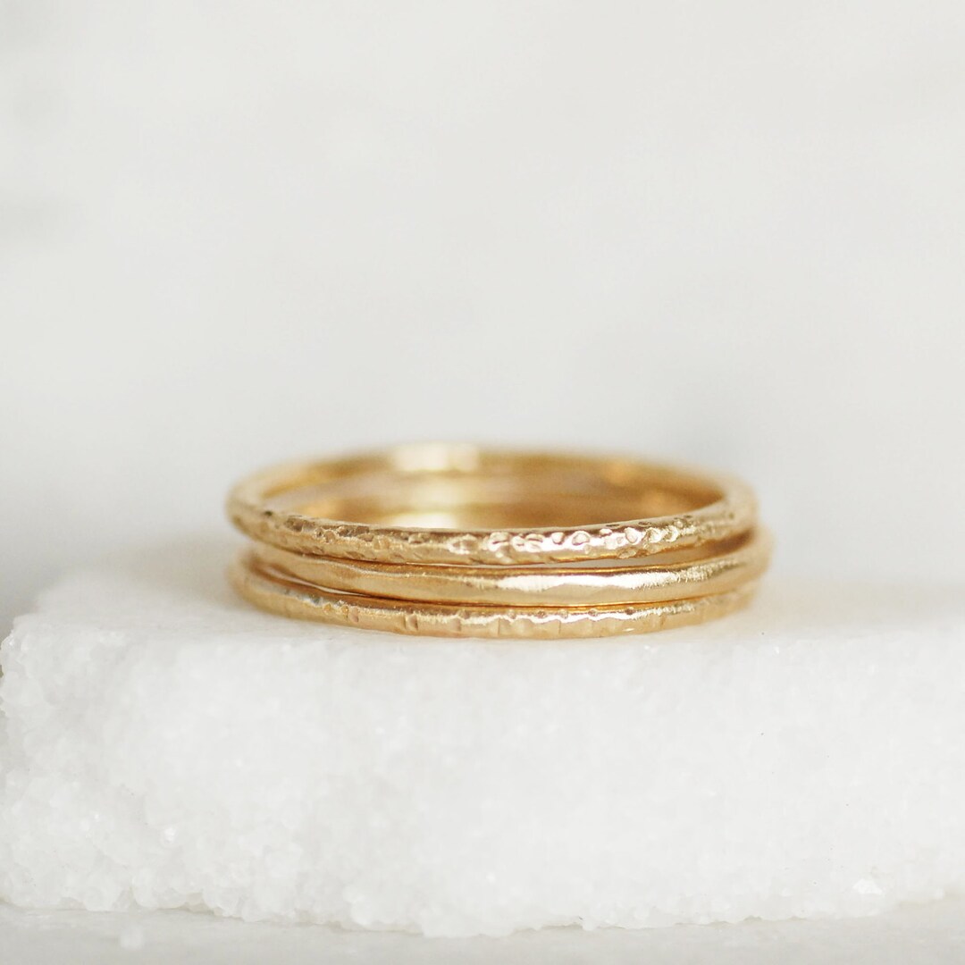 Thin Patterned SOLID Gold Stacking Rings, Set of 3 Skinny Gold Rings ...