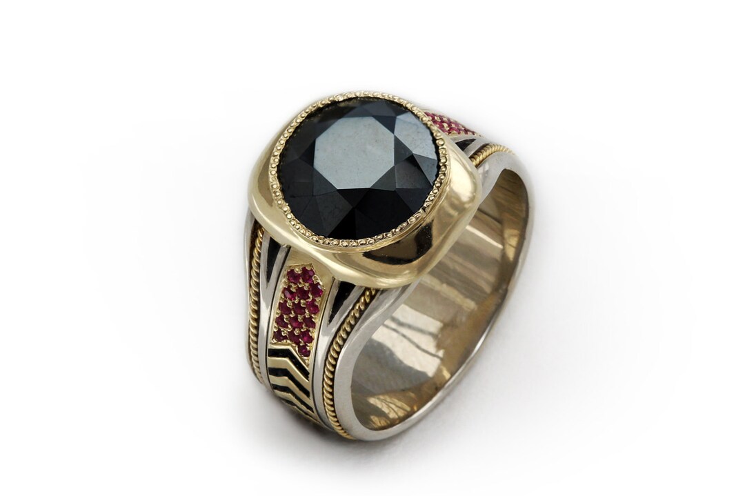 Unique Signet Ring for Men, Gold Solitaire Ring, Black Spinel, Unique ...