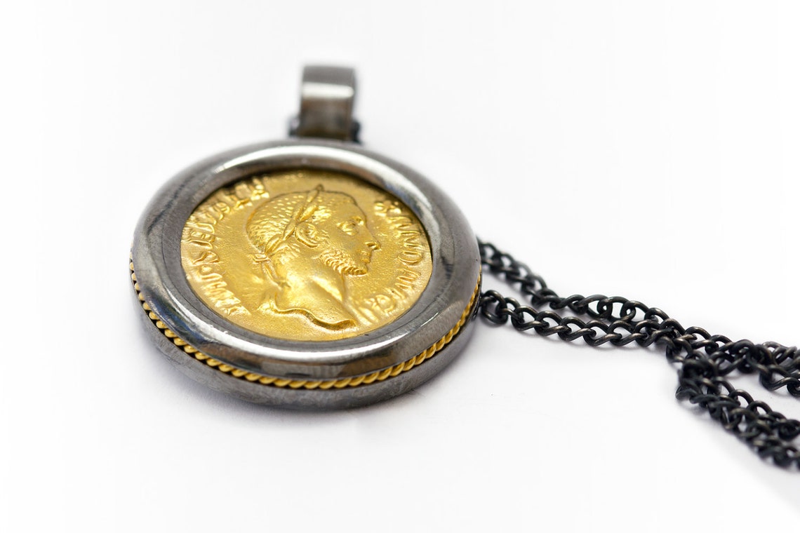 Mens Necklace - Mens Jewelry - Coin Pendant -black Jewelry-sterling ...