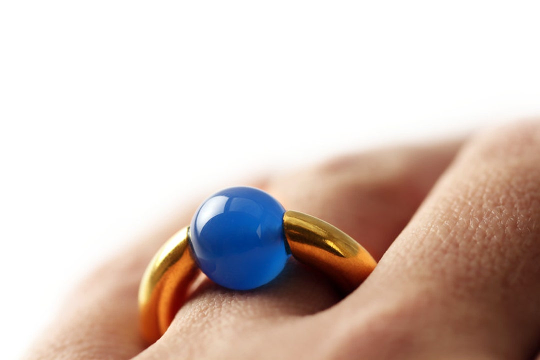 Designer Work- Minimalist Modern Jewelry Ring, Gold Plated Silver& Blue ...