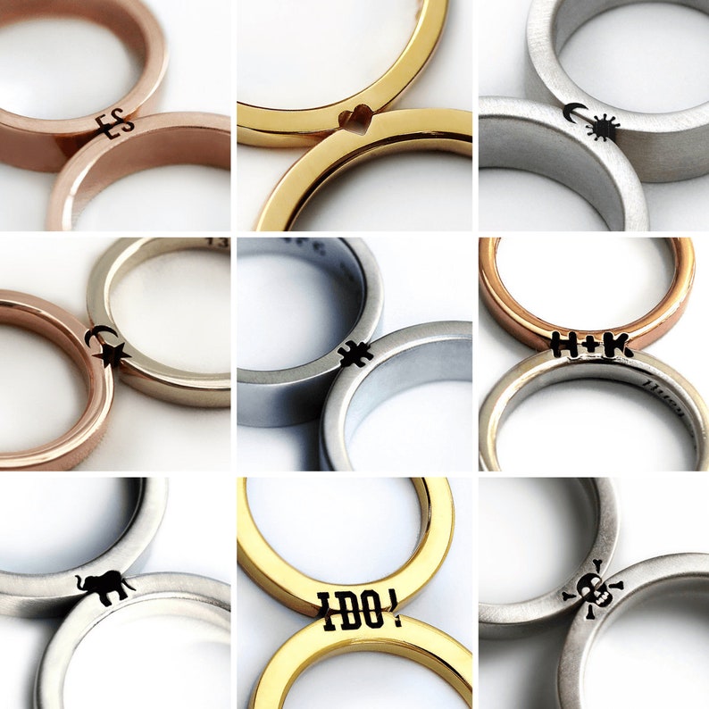 Matching Initial Band Set, Couples Rings, Promise Ring for Couple, Rose ...