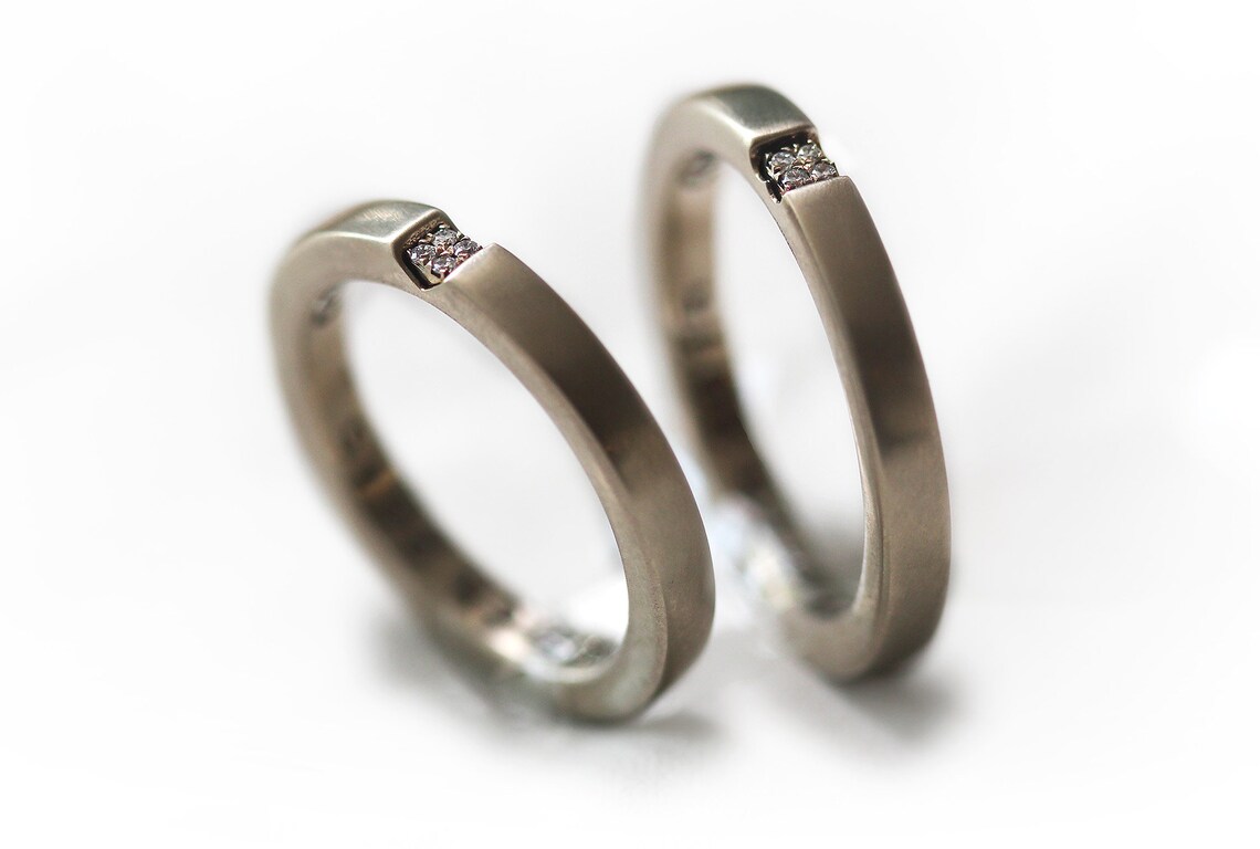 COUPLE Rings-thin Wedding Band White Gold Natural Look in - Etsy