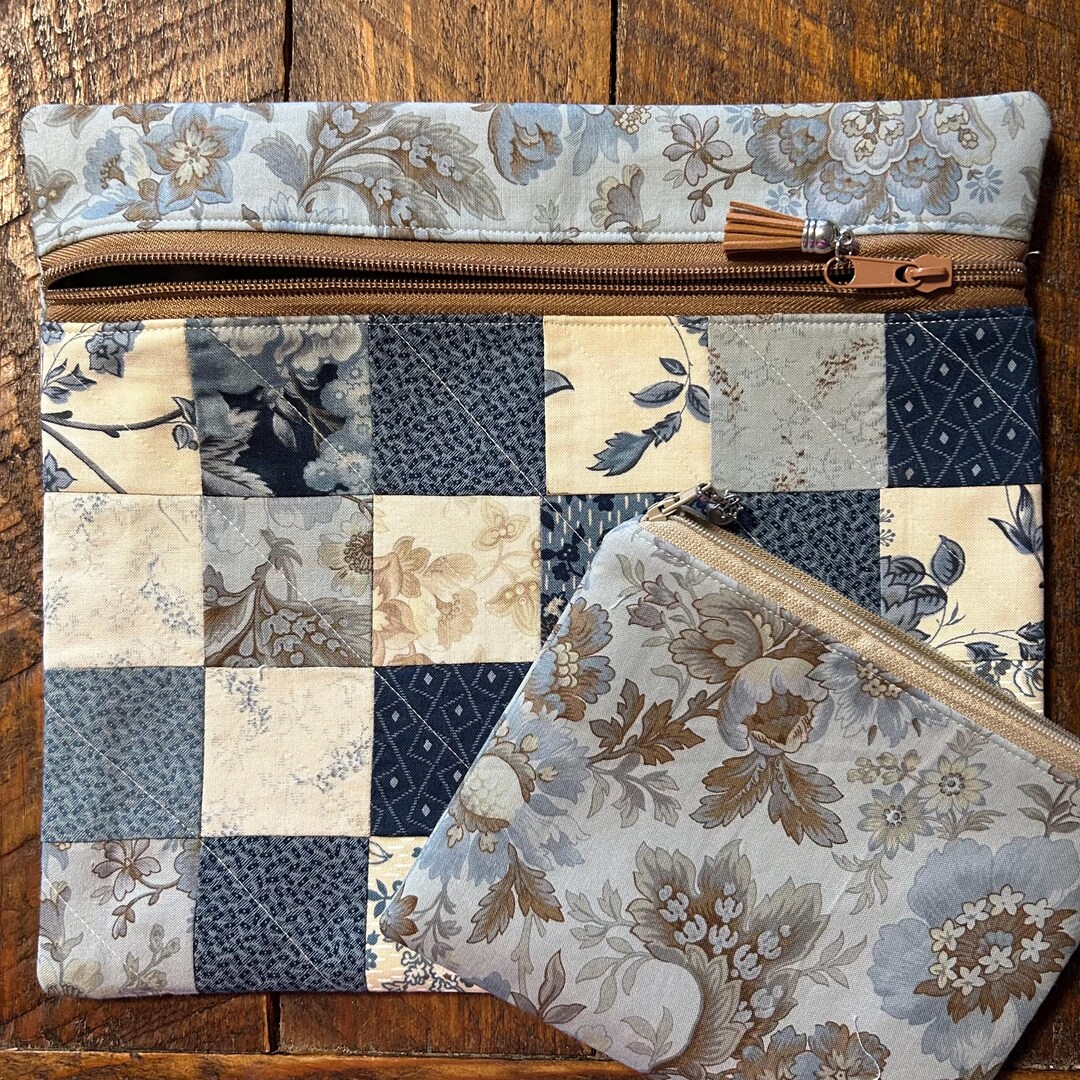 Patchwork Quilted Crossstitch Project Bag . Laundry Basket Fabric Blue ...