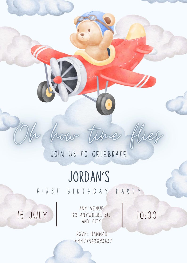 Oh How Time Flies Birthday Invitation | Airplane First Birthday Party ...