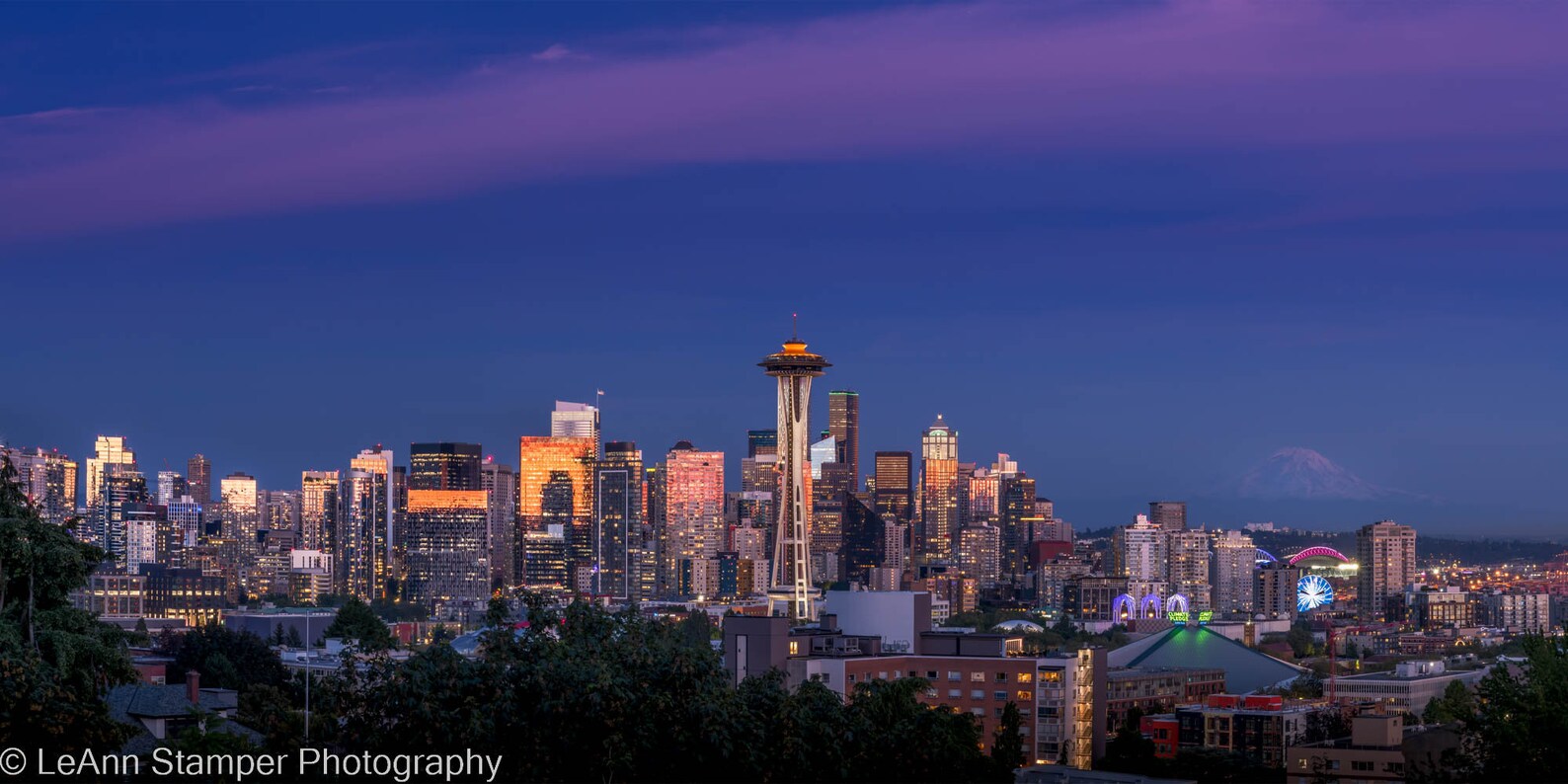 Seattle Space Needle Blue Skyline Print Mt Rainier Oregon - Etsy