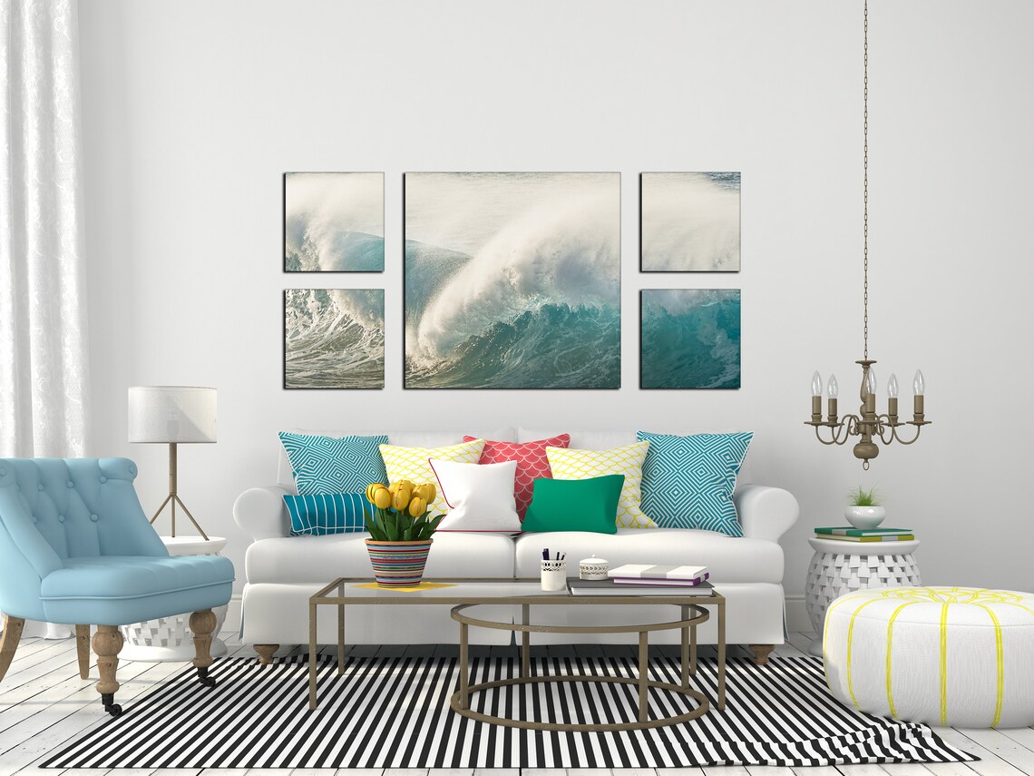 Ocean Wave Beach Decor Teal Wall Art Large Wrapped Split Canvas Home ...
