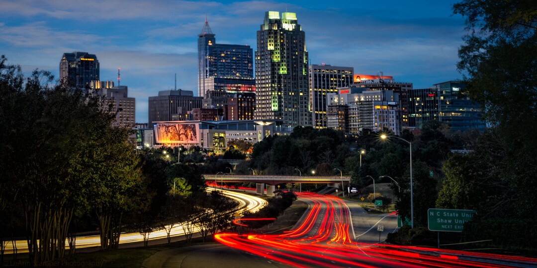 Raleigh North Carolina NC Print Downtown City Skyline at Night Blue and ...
