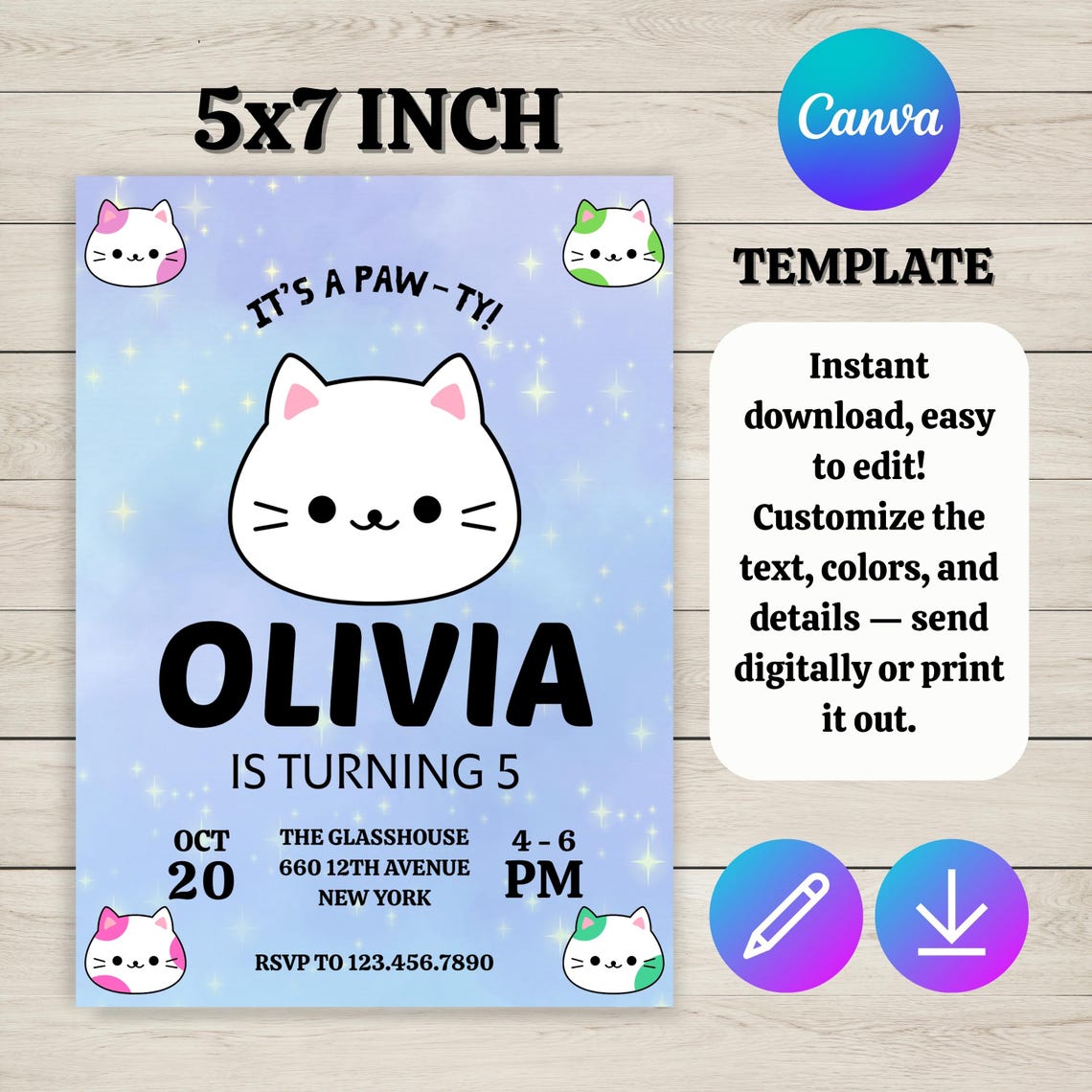 Editable Cat Birthday Invitation, Printable Kitten Invite, Kitten ...