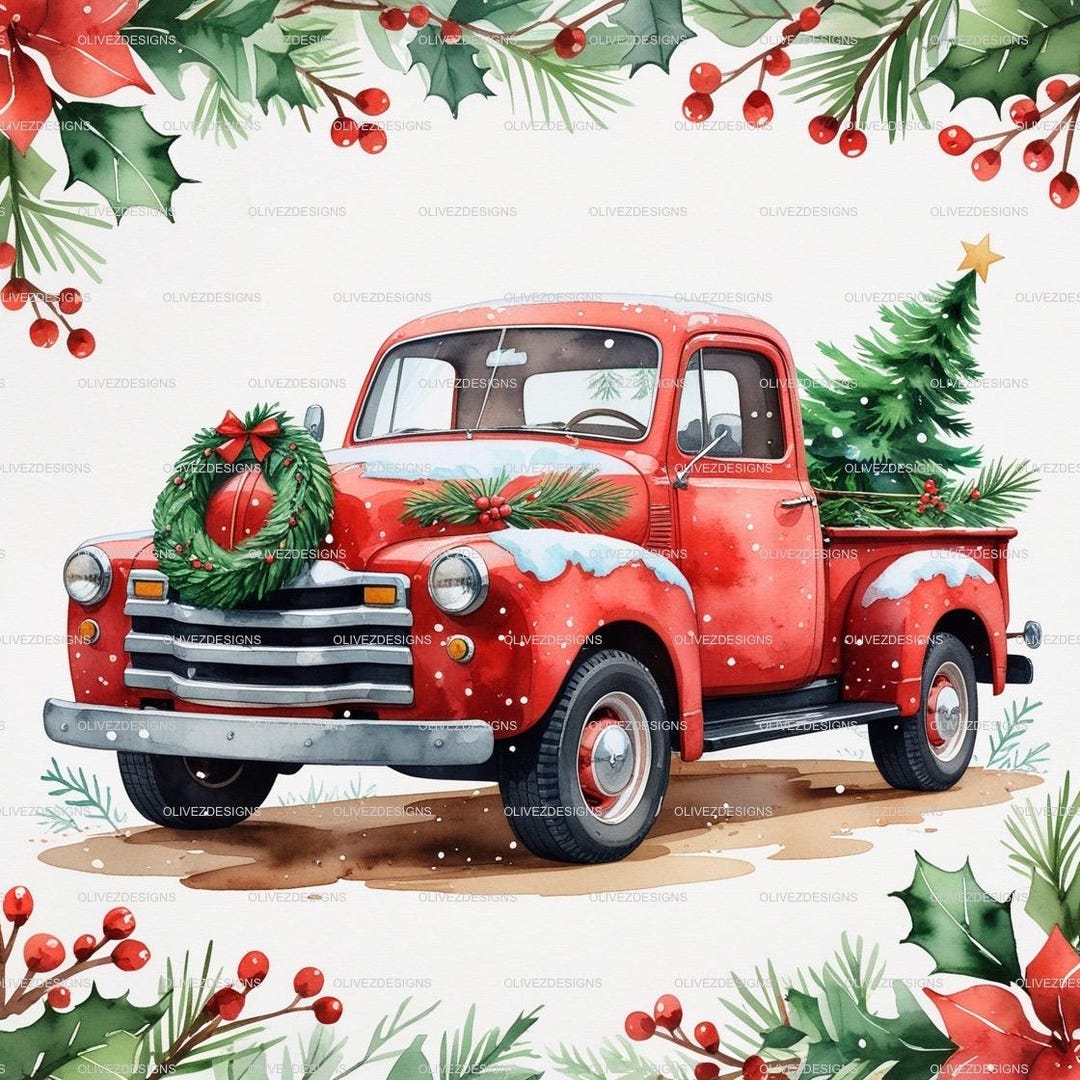 Watercolor Christmas Truck Clipart – Set of 8 Jpgs | Vintage Red ...
