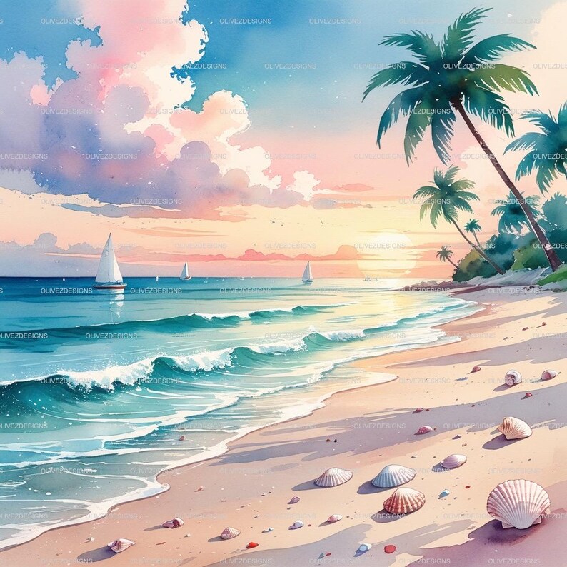 Whimsical Watercolor Summer Clipart Set – Cottagecore Beach & Garden Scenes – 8 PNG Instant ...