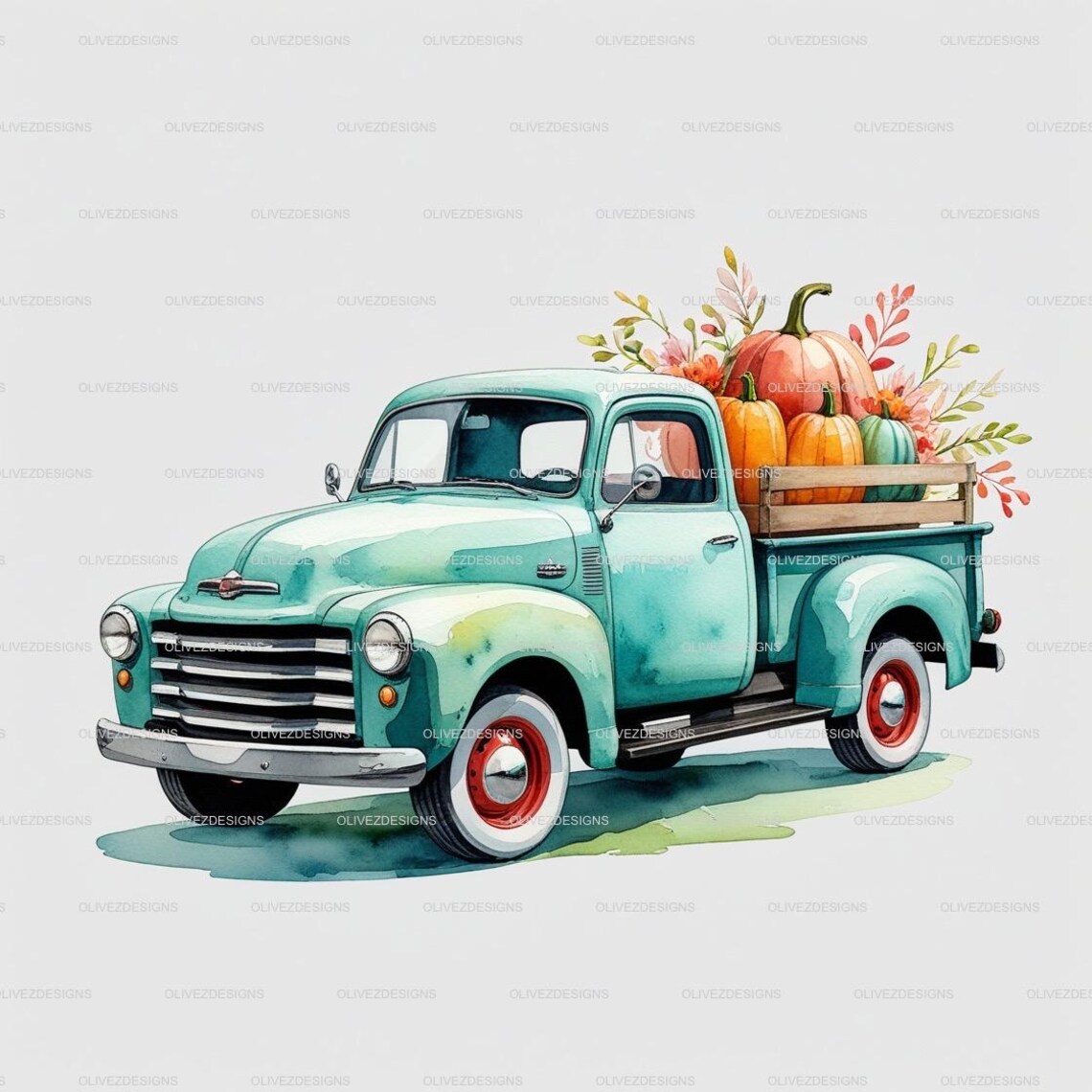 Watercolor Fall Truck Clipart: Vintage Pumpkin Pickup Illustrations ...