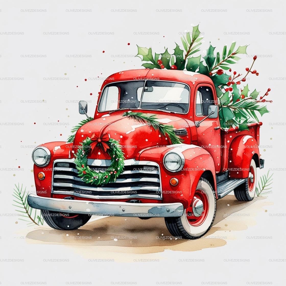 Watercolor Christmas Truck Clipart: Vintage Red Holiday Illustrations ...