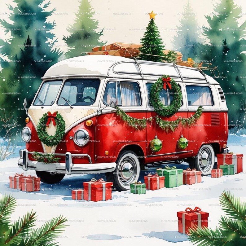 Christmas Retro Van Watercolor Clipart: Holiday Card Making (PNG Set of ...