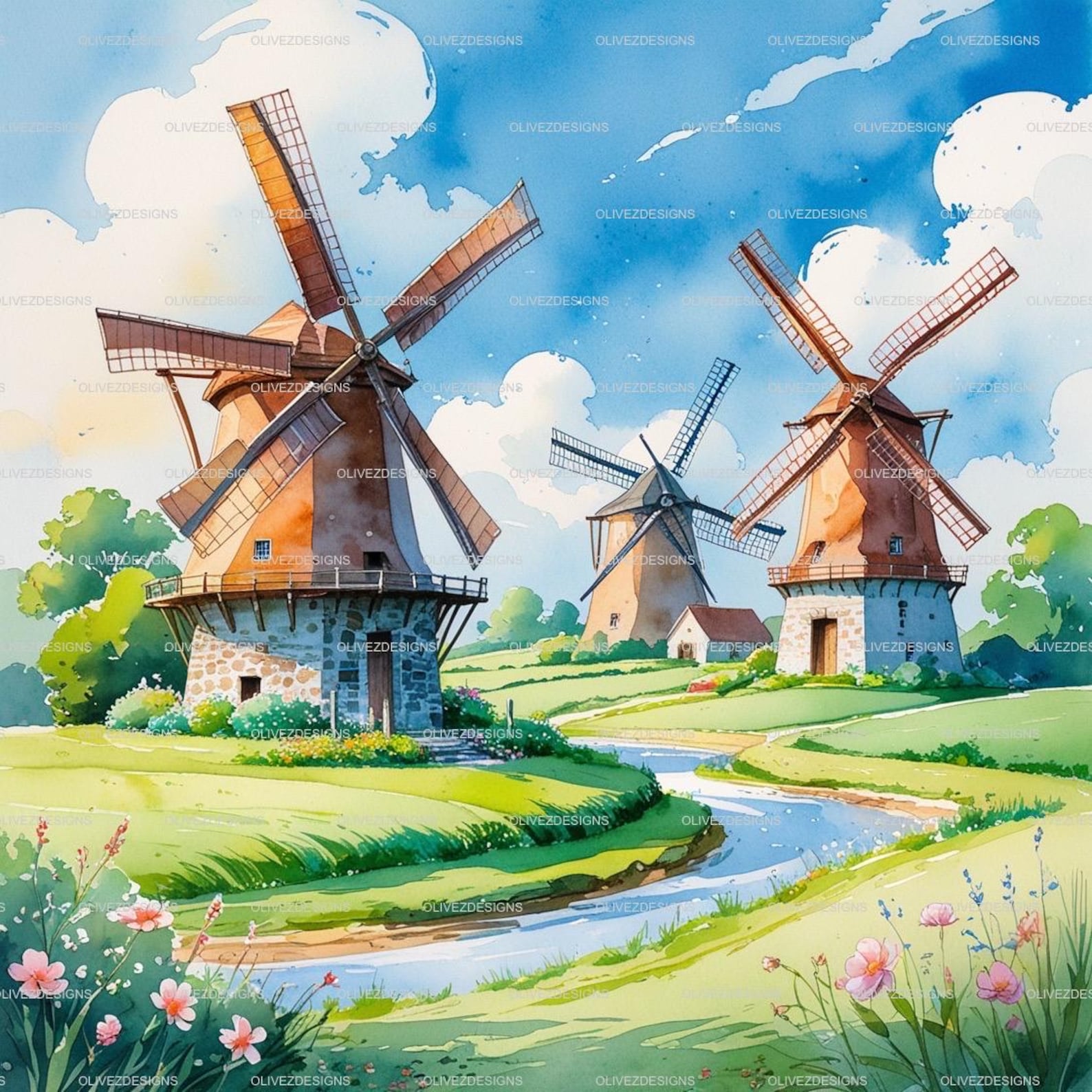 Watercolor Windmill Clipart Set – 12 JPG Rustic Countryside Windmills ...