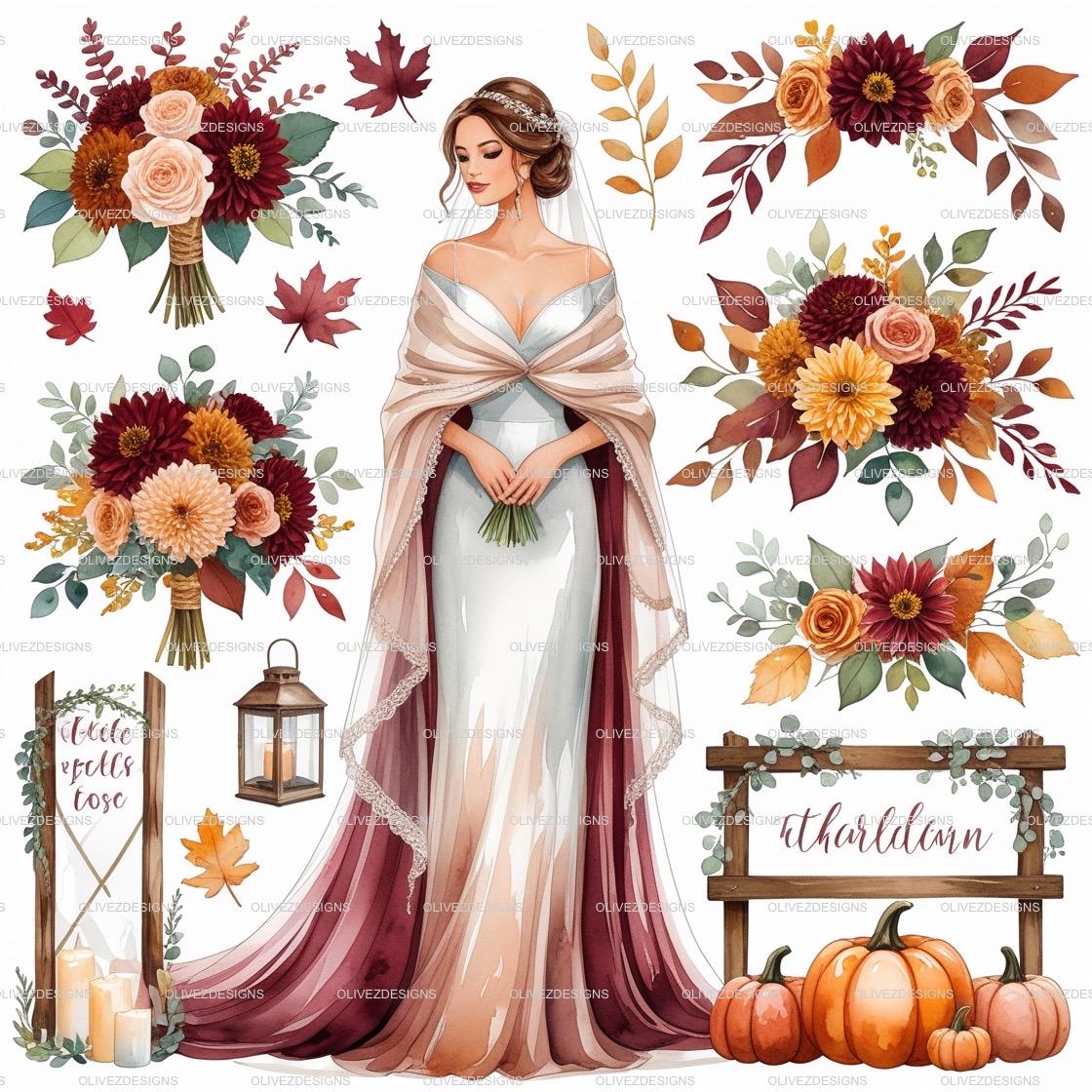 Fall Bridal Clipart: Watercolor Wedding PNG Bundle (digital Download ...