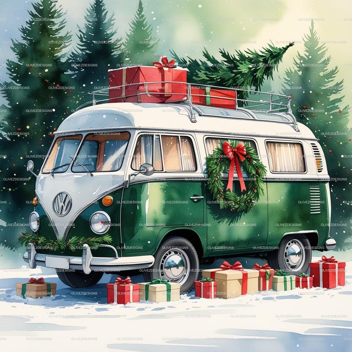Christmas Retro Van Watercolor Clipart: Holiday Card Making (PNG Set of ...
