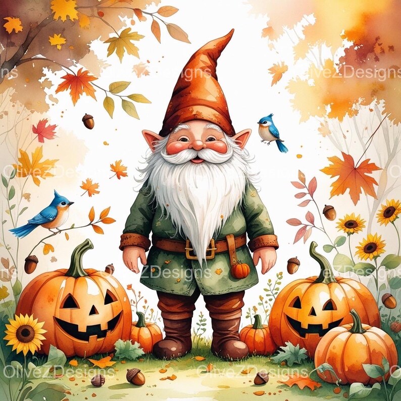 8 JPG Fall Gnome Clipart, Gnome Garden, Printable Watercolor Clipart ...