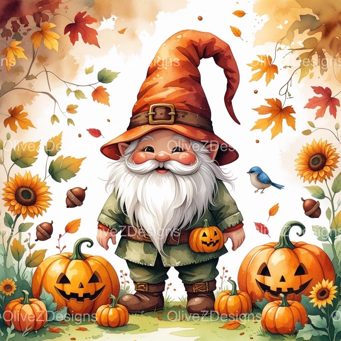 8 JPG Fall Gnome Clipart, Gnome Garden, Printable Watercolor Clipart ...