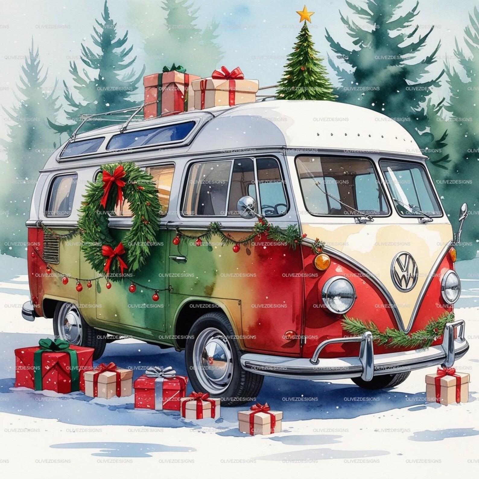 Christmas Retro Van Watercolor Clipart: Holiday Card Making (PNG Set of ...