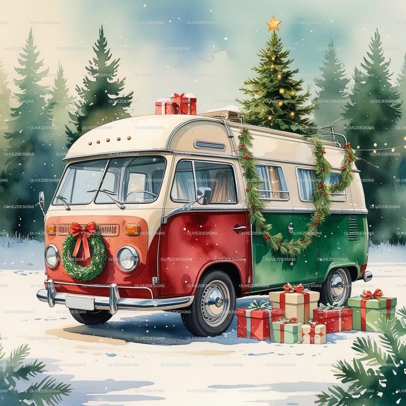 Christmas Retro Van Watercolor Clipart: Holiday Card Making (PNG Set of ...