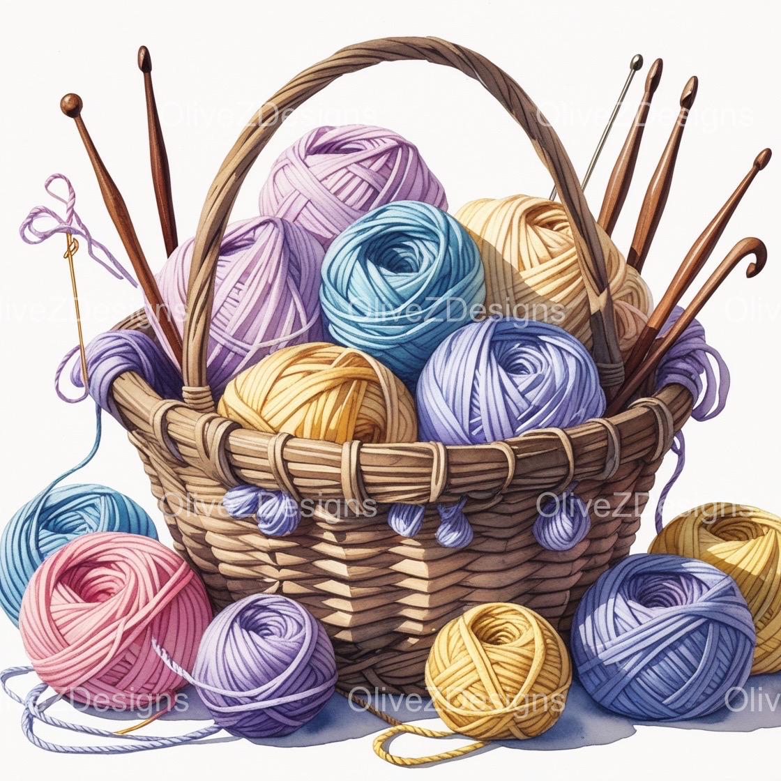 8 PNG Knitting Basket Clipart, Colorful Yarn, Printable Watercolor ...